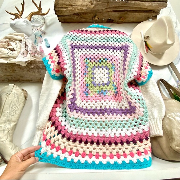 Vintage | Sweaters | Artisan Mega Granny Square Cocoon Kimono W Prairie ...